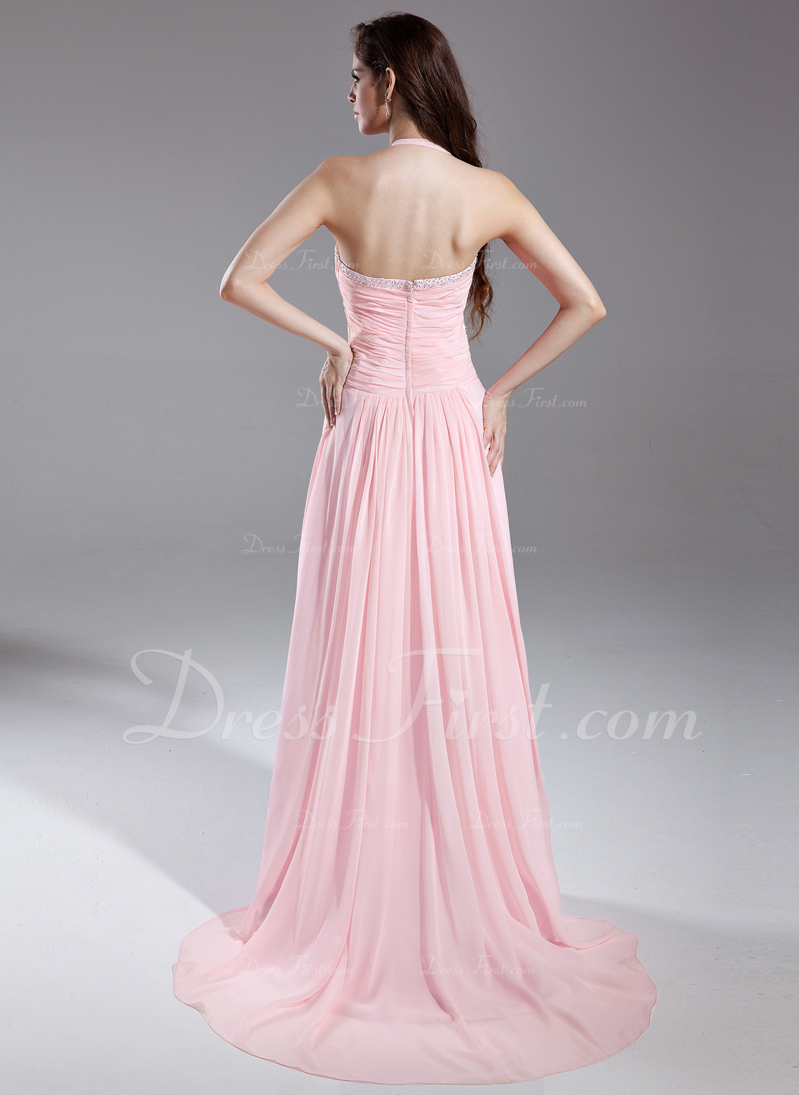 A Line Princess Halter Court Train Chiffon Prom Dress With Ruffle
