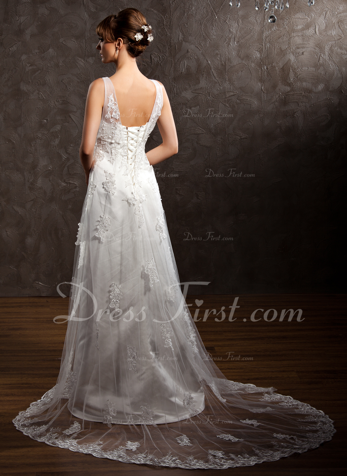 A Line Princess V Neck Court Train Tulle Wedding Dress With Appliques
