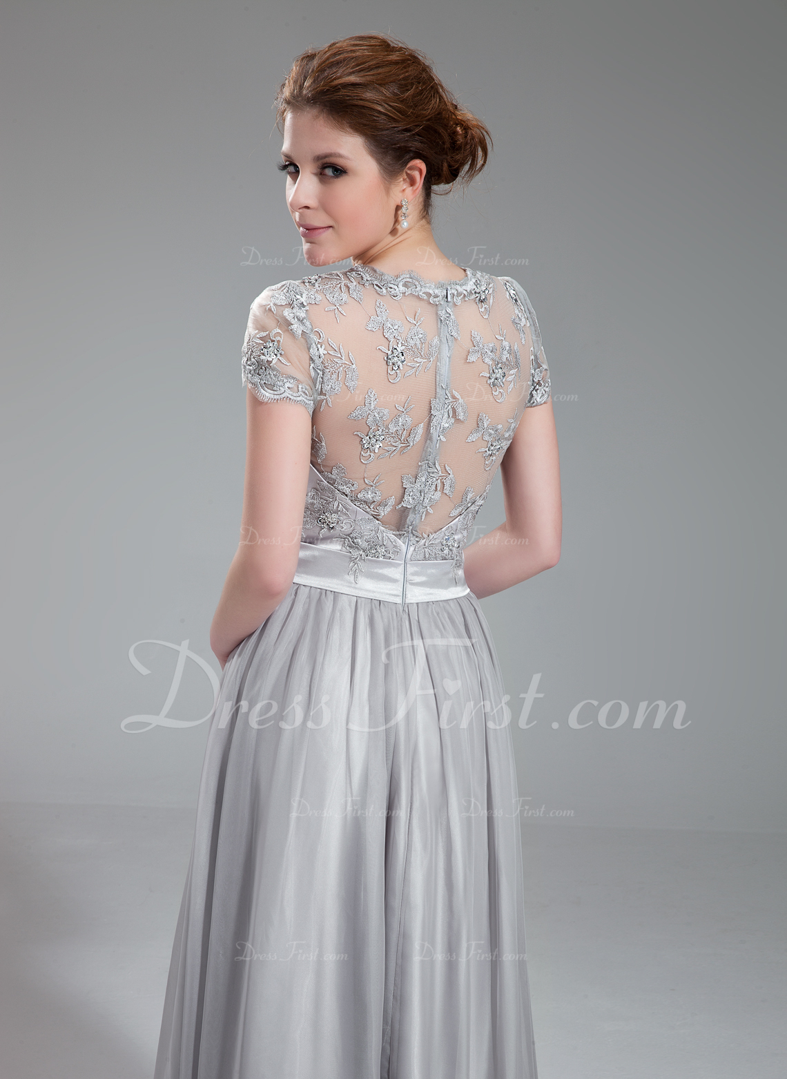 A Line Princess V Neck Floor Length Chiffon Evening Dress With Ruffle