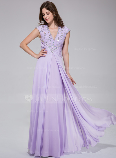A-Line/Princess V-neck Floor-Length Chiffon Prom Dress With Ruffle Lace ...