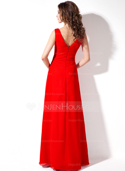 A-Line/Princess V-neck Floor-Length Chiffon Bridesmaid Dress With ...