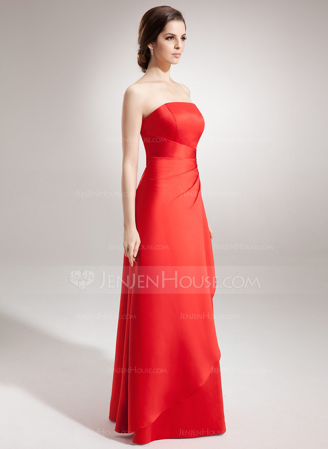 A-Line/Princess Strapless Floor-Length Satin Bridesmaid Dress With Ruffle (007001082) - JenJenHouse