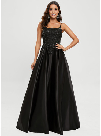 A-line Scoop Floor-Length Satin Prom Dresses With Sequins (018287128 ...