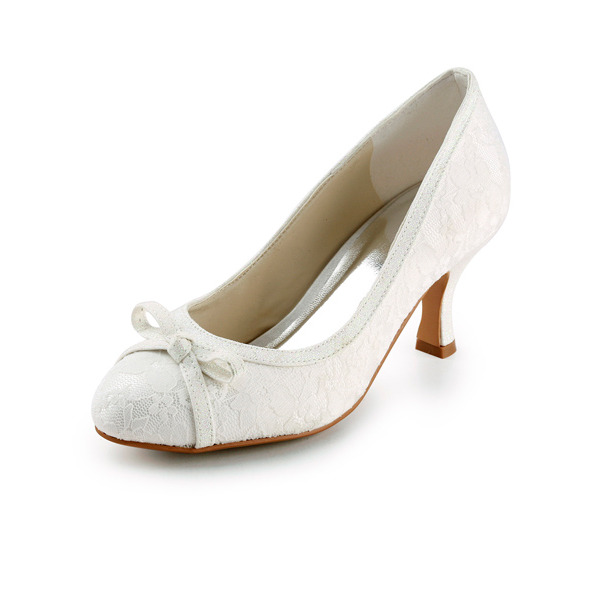 Womens Lace Satin Spool Heel Closed Toe Pumps With Bowknot Sparkling